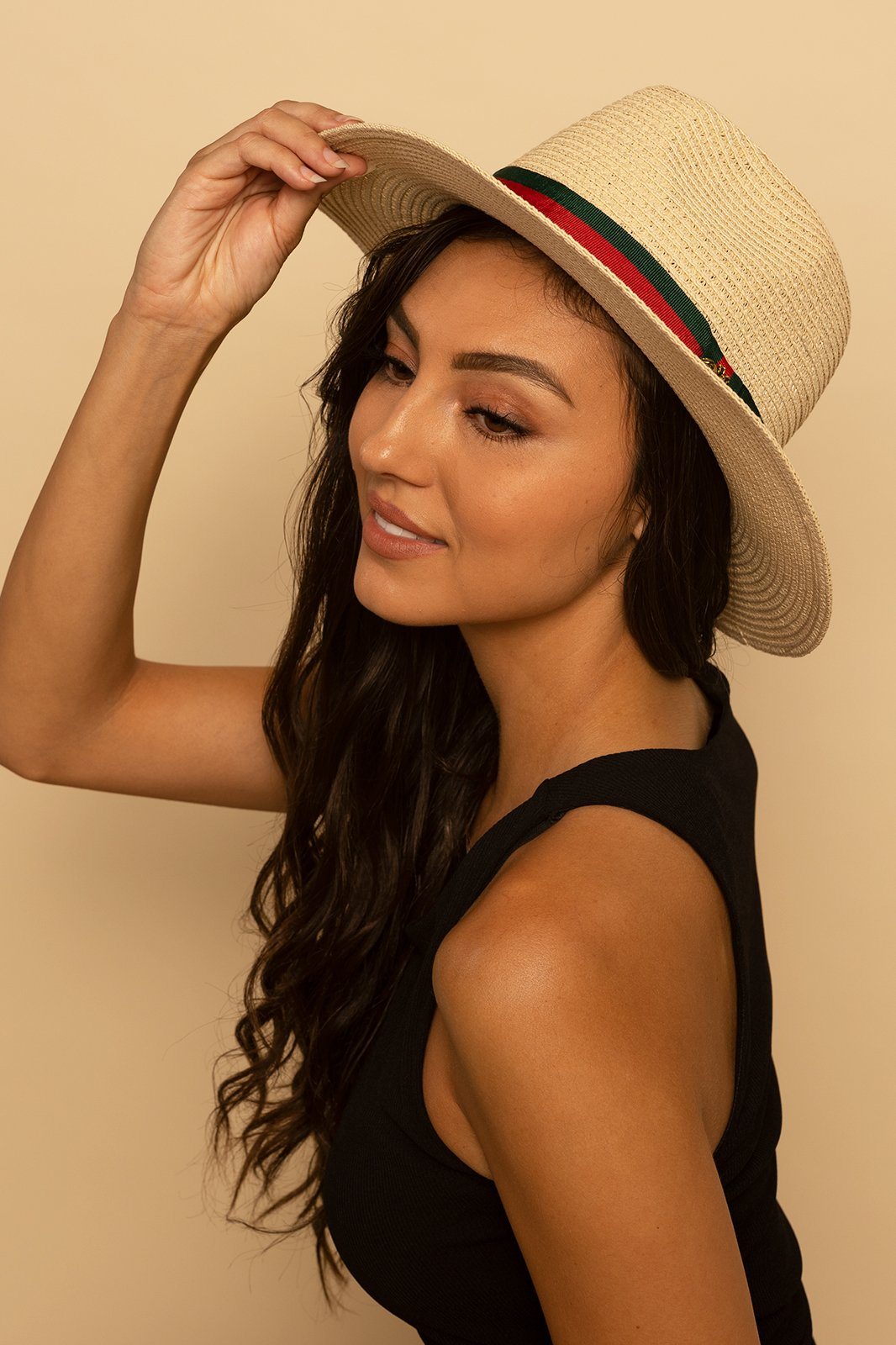Green and Red Ribbon Straw Woven Fedora Hat - Ivory Hat Elenista