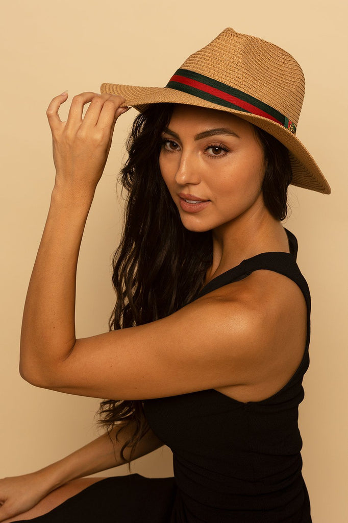 Green and Red Ribbon Straw Woven Fedora Hat - Tan Hat Elenista