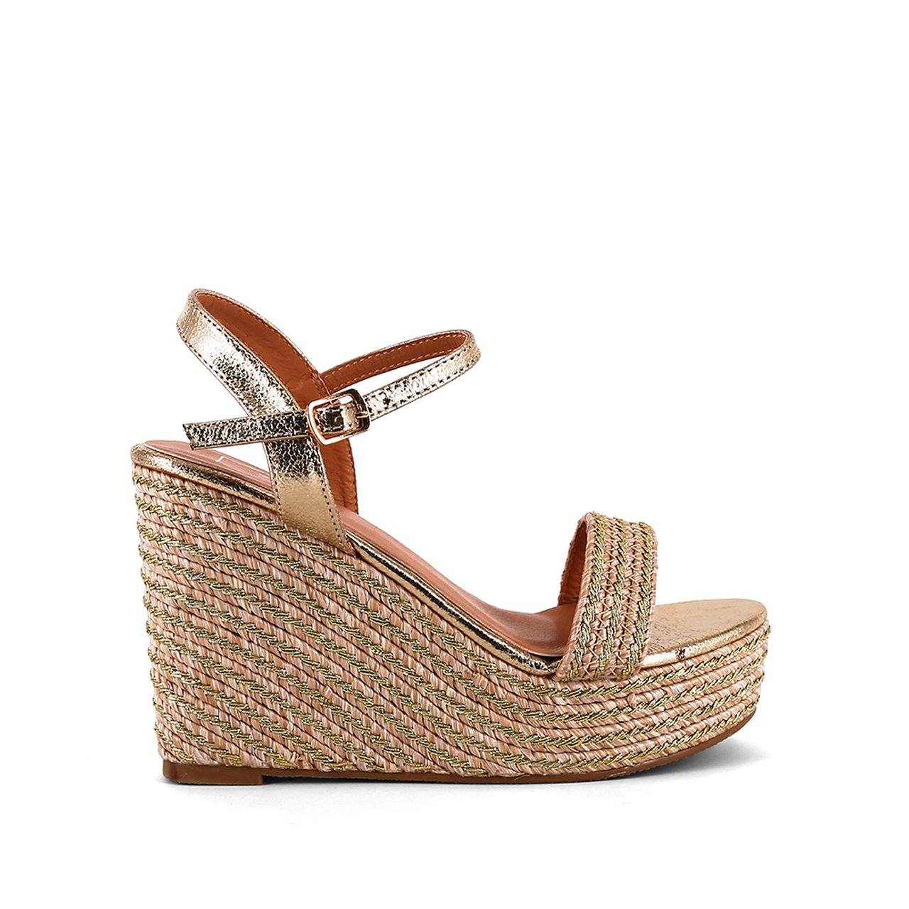 Lena Metallic Gold Leather Raffia Wedge Sandal shoes Elenista