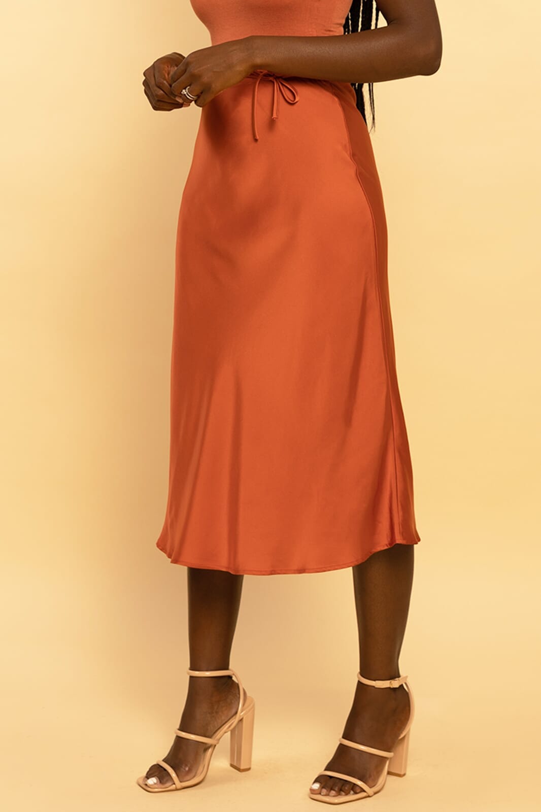 Rust Satin Self-Tie Midi Skirt SKIRT Elenista Clothing