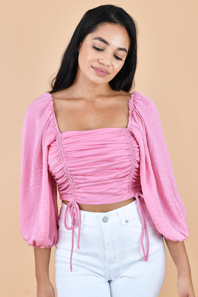 Square Neck Puff Sleeve Ruched Drawstring Crop Top TOP Elenista