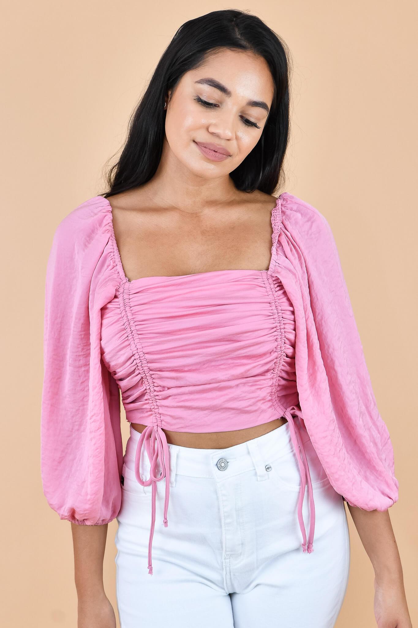 Square Neck Puff Sleeve Ruched Drawstring Crop Top TOP Elenista