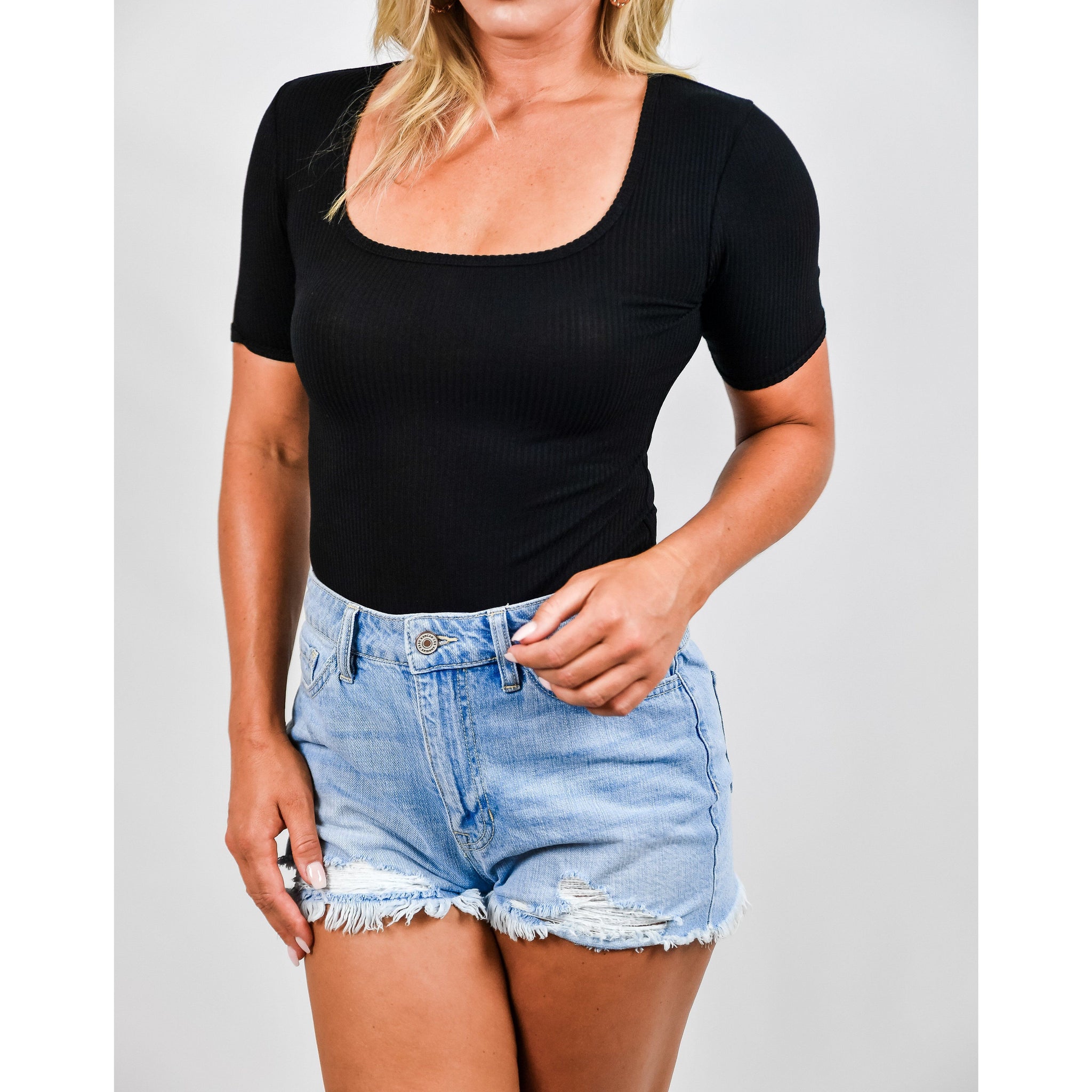Square Neck Ribbed Short Sleeve Black Bodysuit BODYSUIT Elenista